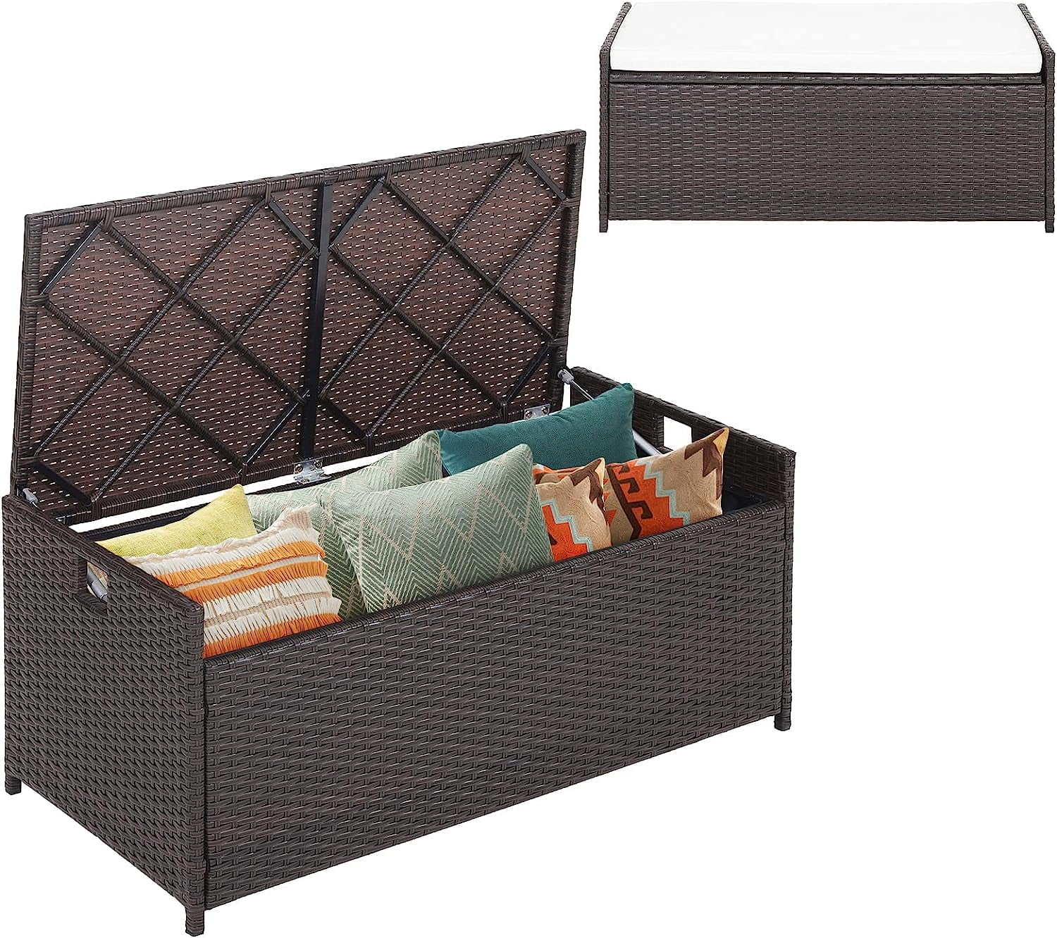 THTGCD 34 Gallon Patio Storage Bench Deck Box, 3-in-1 Rattan Wicker ...