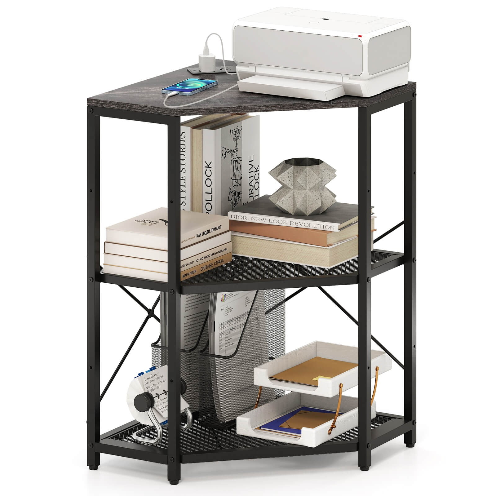 THTGCD Corner Printer Stand, Rustic Brown + Black, 3-Tier Storage Rack ...