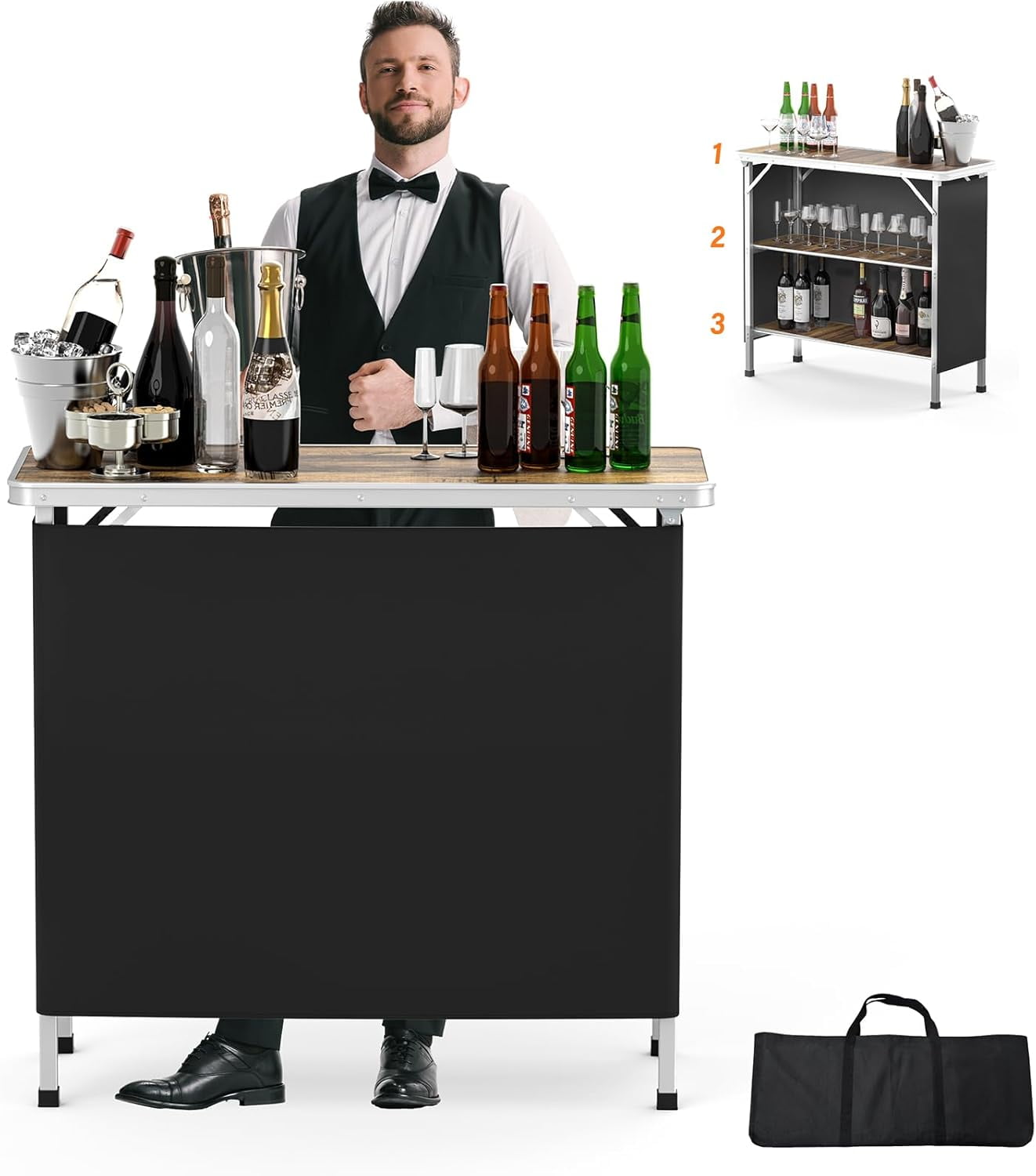 THTGCD Portable Bar Table, 3-Tier Shelves, Mobile Bar Table for Events ...