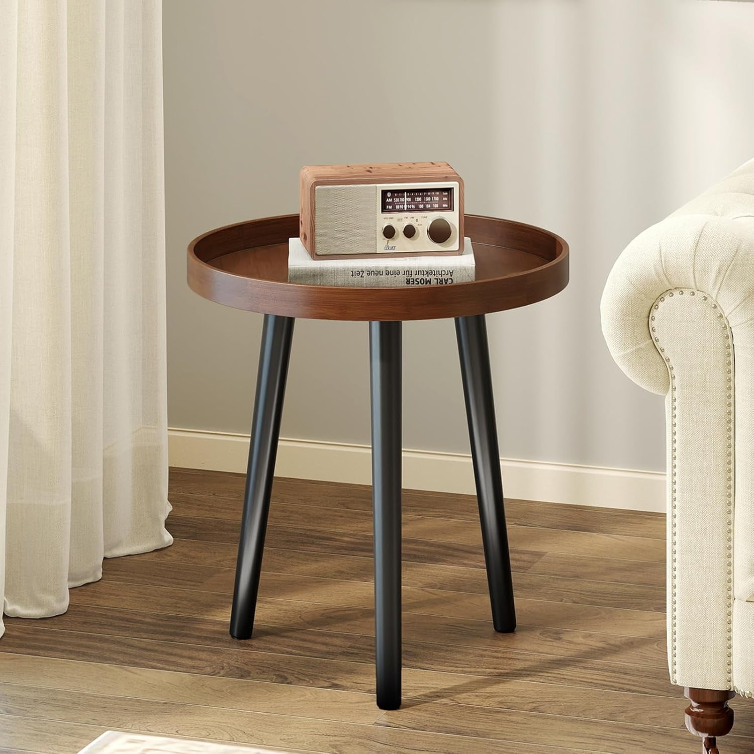 THTGCD Round End Table, Mid Century Modern Side Table with Wooden Tray ...