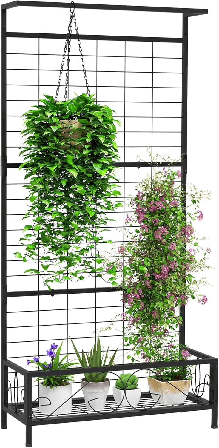 THTGCD Tall Plant Stand with Trellis and Hanging Bar, Metal Plant ...
