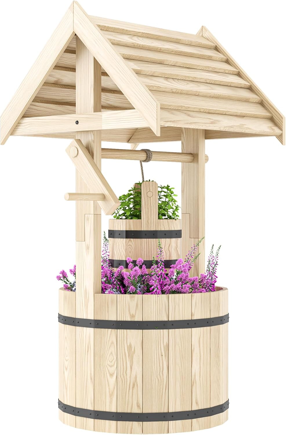 THTGCD Wooden Wishing Well Planter with Adjustable Hanging Bucket ...