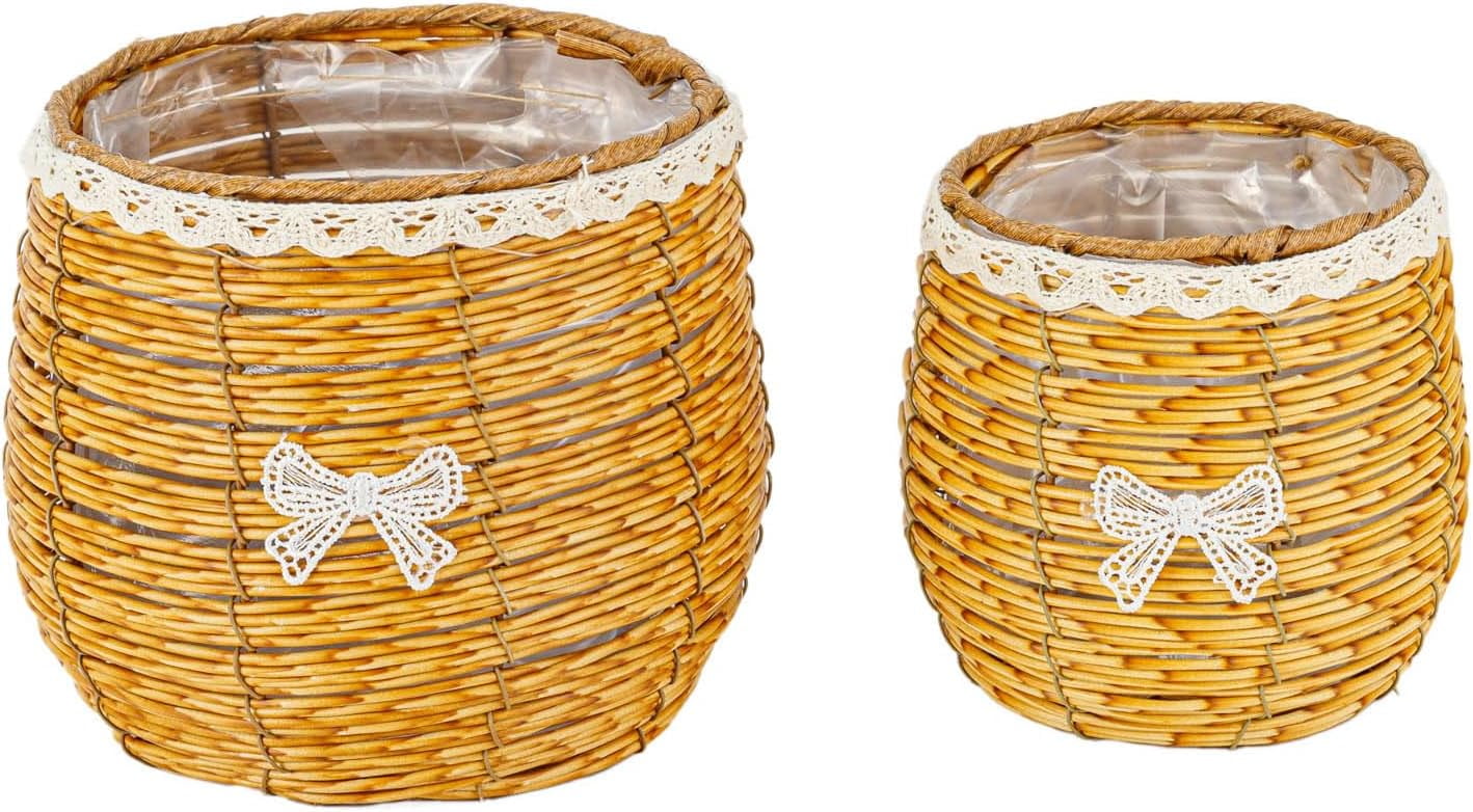 THY COLLECTIBLES Set of 2 Woven Wicker Planter Baskets with Plastic ...