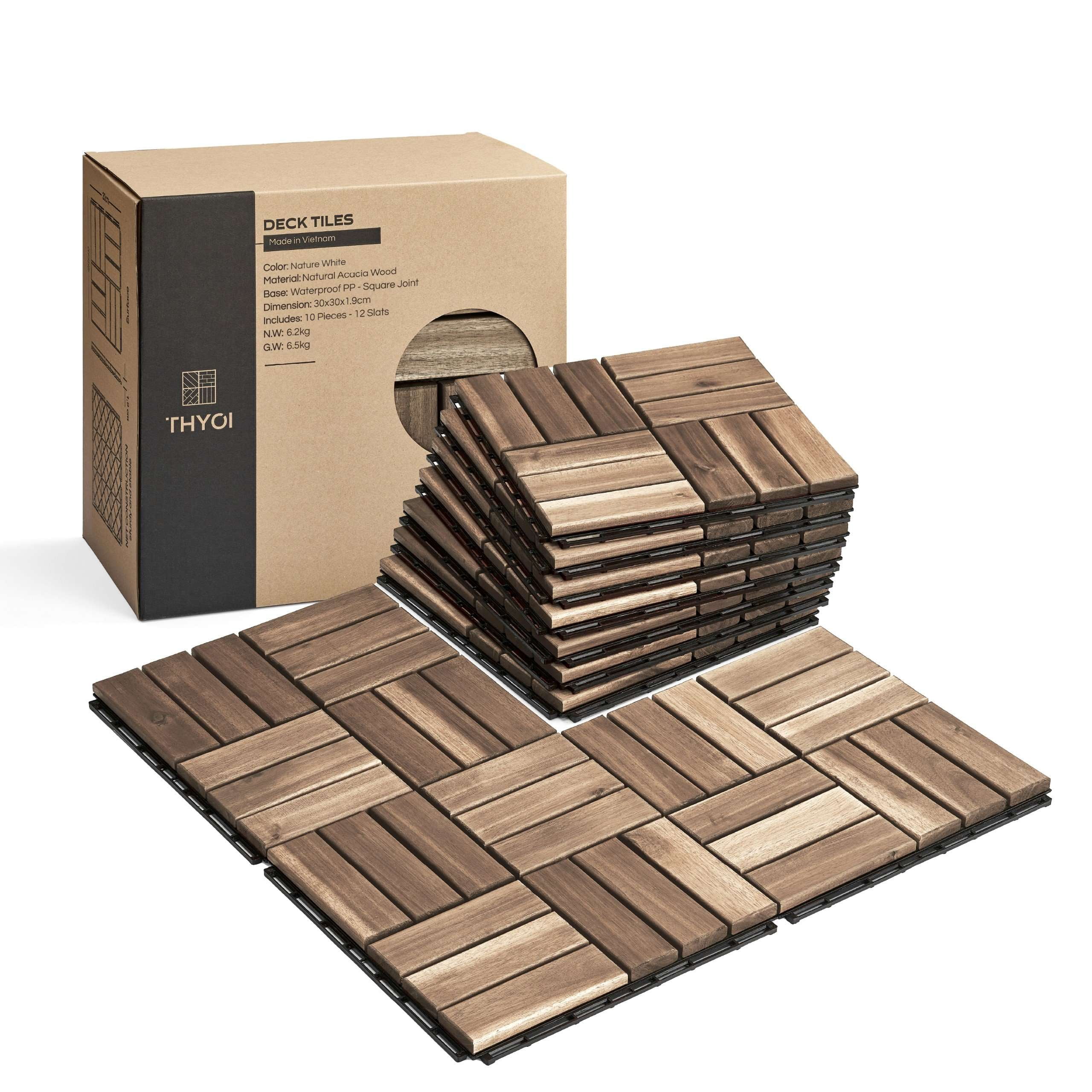THYOI 10Pcs Acacia Wood Deck Tiles Square Joint White Colour Checker ...