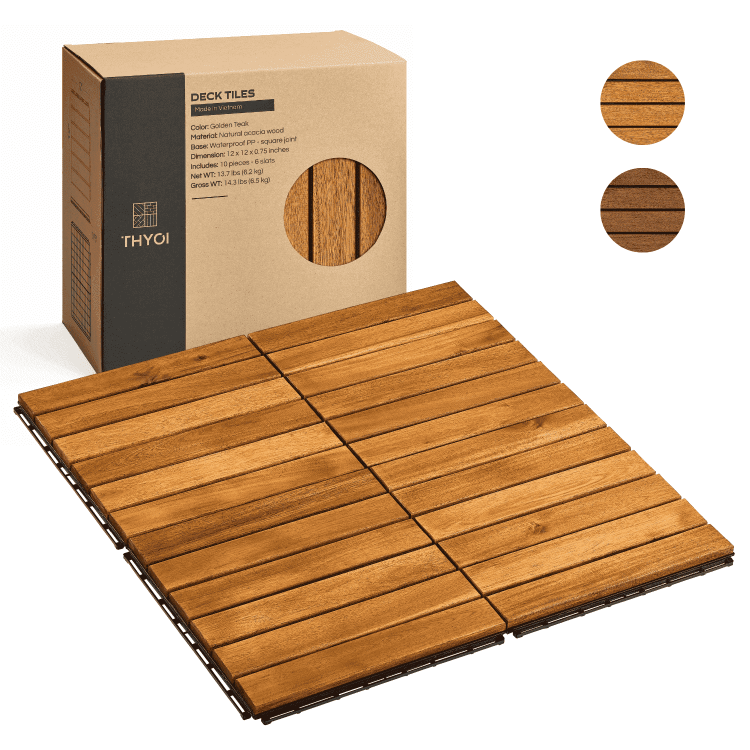 THYOI Interlocking Wood Deck Tiles, 10PCS, 12"x12", 6 Slats, Water ...