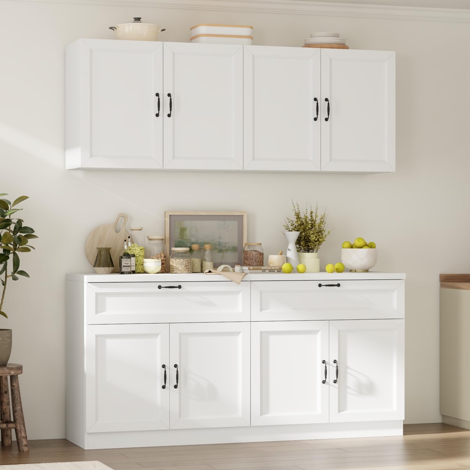 TIANAI Wall-Mounted Kitchen Pantry with Countertop & 8 Doors, Modern ...