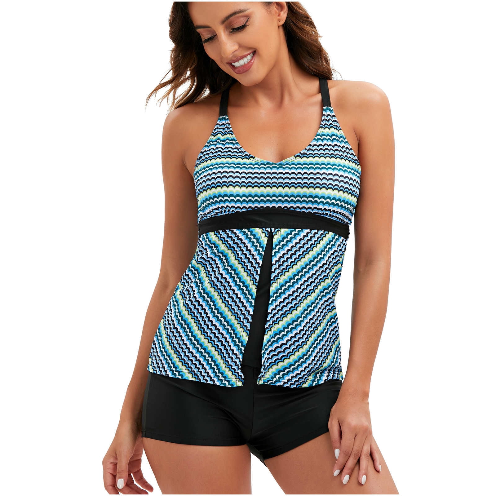 CALAFEBILA 2 Piece Girls Swimsuits Tankini Modest Striped Print Pools Summer Bathing Suits ...