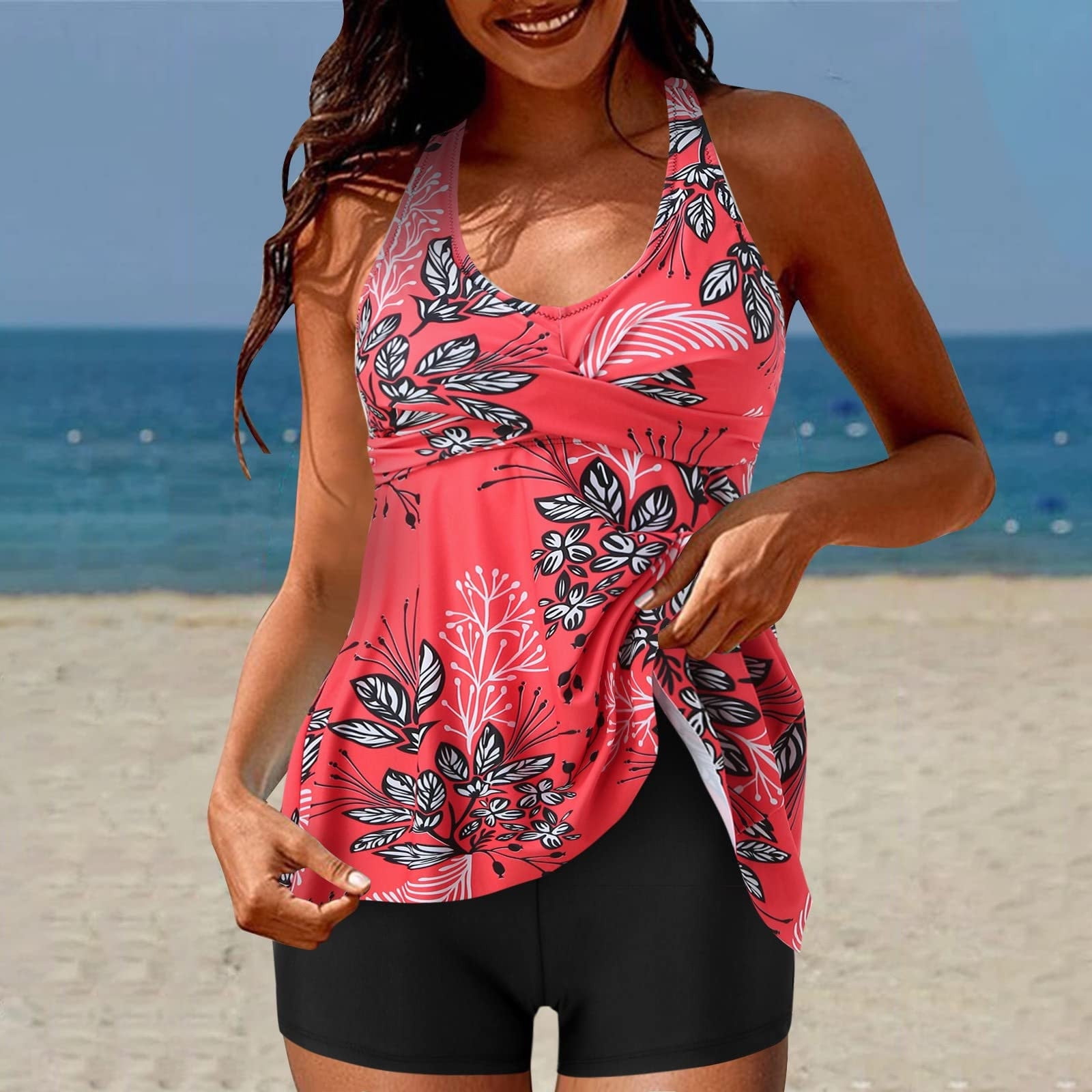 TIANEK Modest Women's Swimsuits 2 Piece Tankini Floral Print Seaside ...