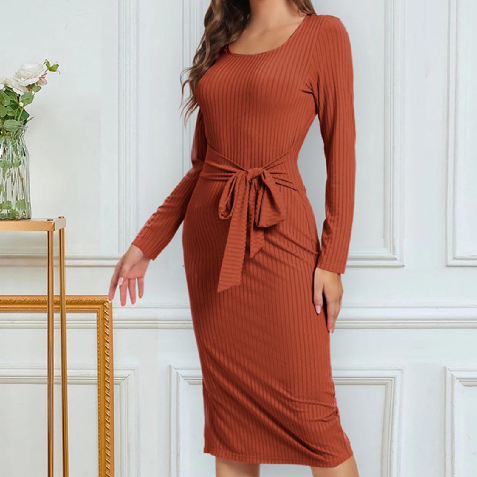 CALAFEBILA Dresses for Women Long Sleeve Square Neck Solid Color Knee ...