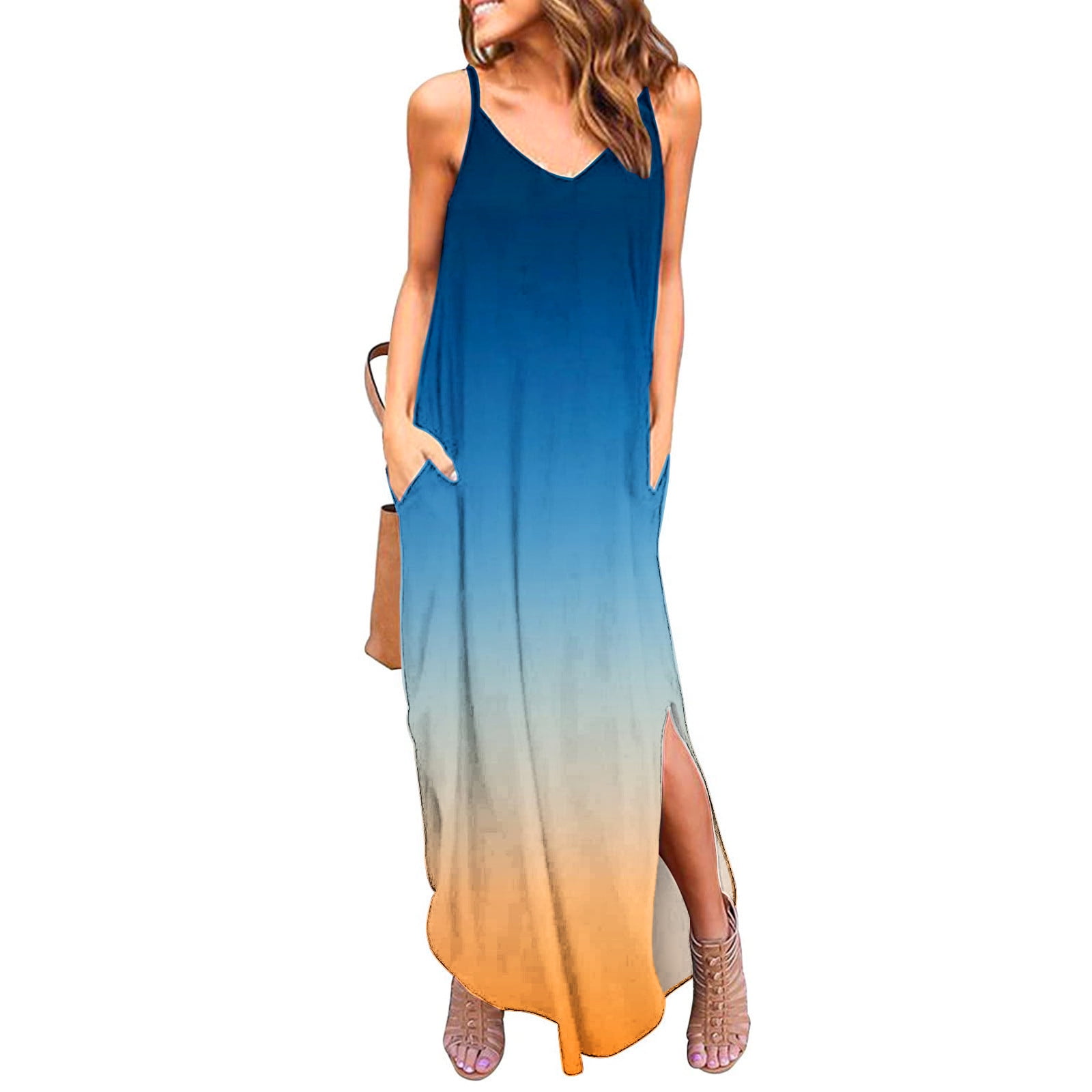 Tianek Sexy Summer Dresses For Women Sleeveless V Neck Gradient Color