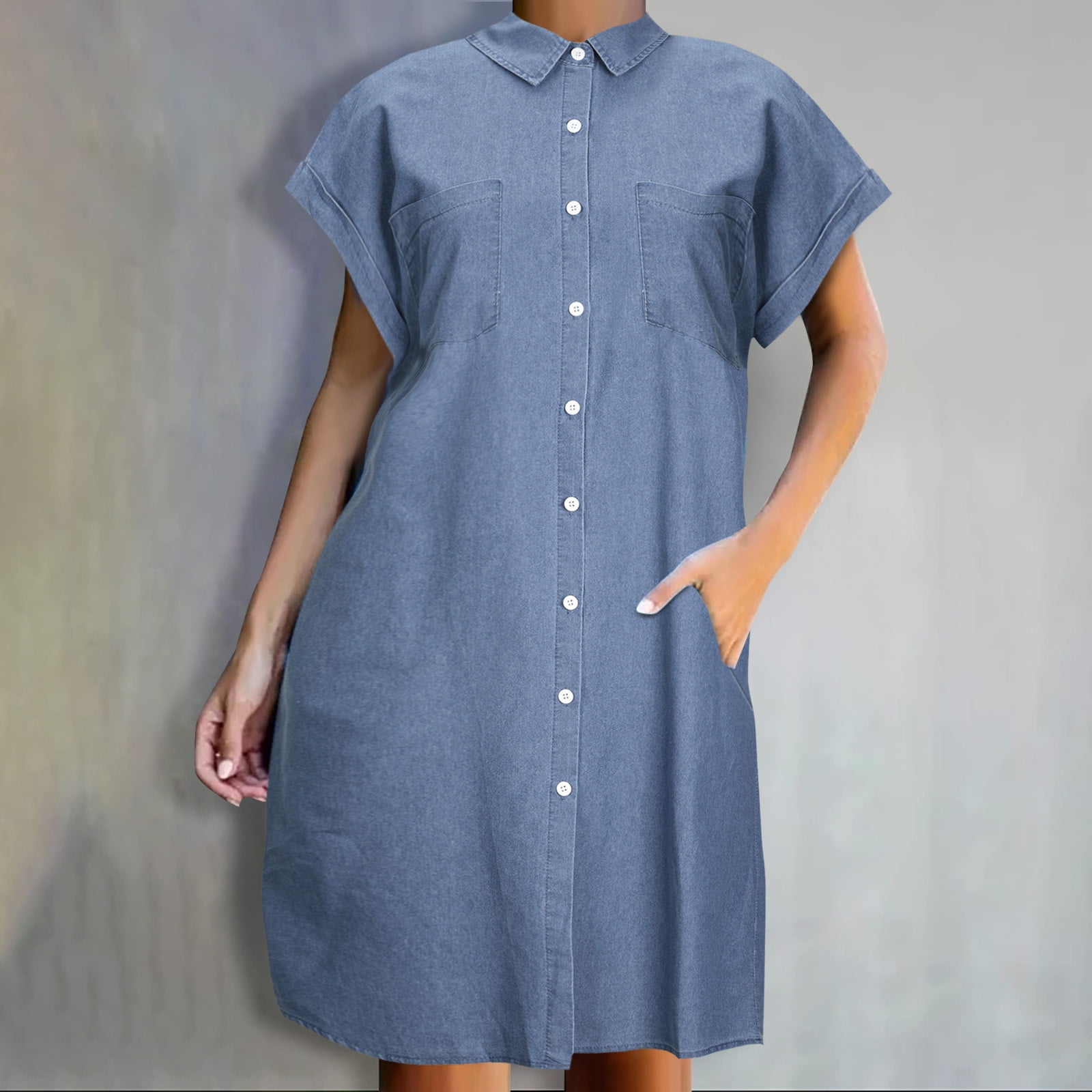 TIANEK Summer Denim Dress Polo Short Sleeve Slim Button Down With ...