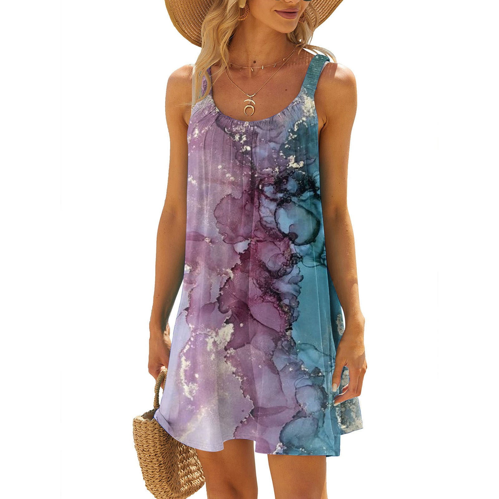 TIANEK Summer Dress Short Sleeve Tie Dye Mini Sun Dress Pleated Short ...