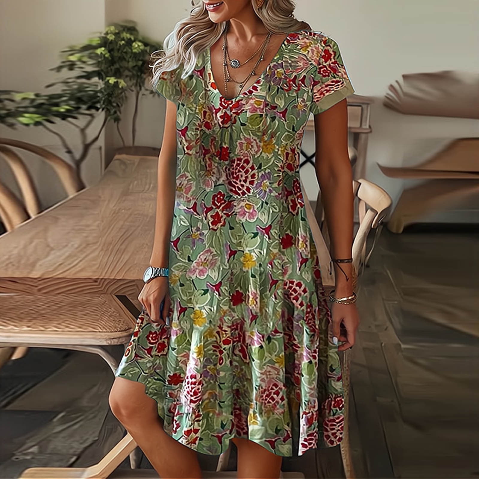 CALAFEBILA Sun Dress for Beach Vacation Short Sleeve V-neck Floral Knee ...