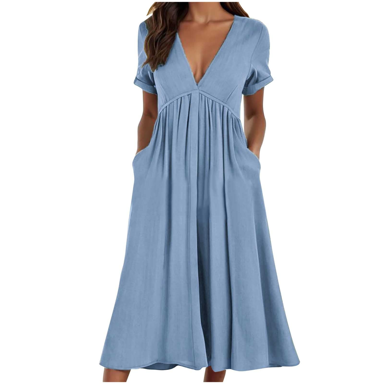 TIANEK Sundresses for Plus Size Women Short Sleeve Deep V-neck Pleated ...