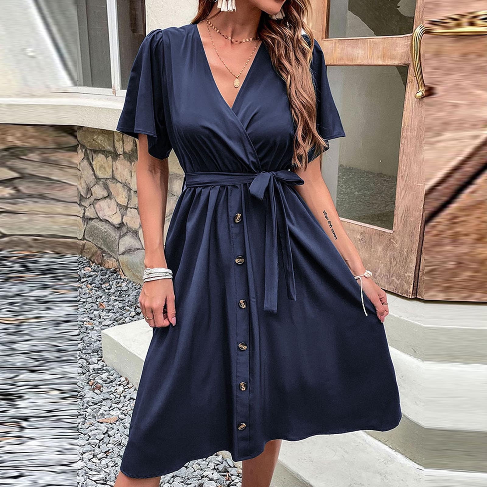 POTETI Sundresses for Women Blue Plus Size Dresses Solid Color Bra ...