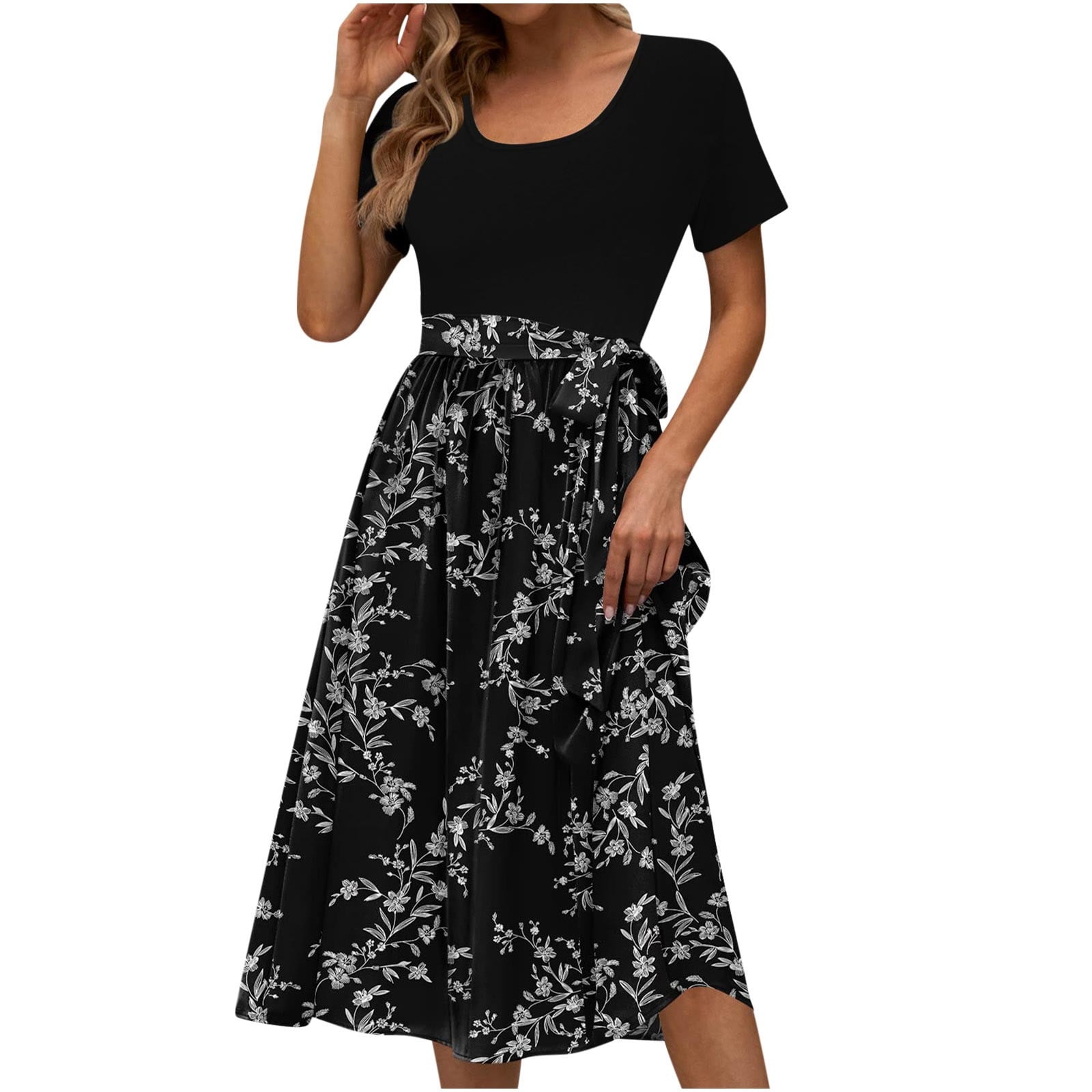 CALAFEBILA Sundresses for Women Plus Size Short Sleeve Floral Midi Sun ...