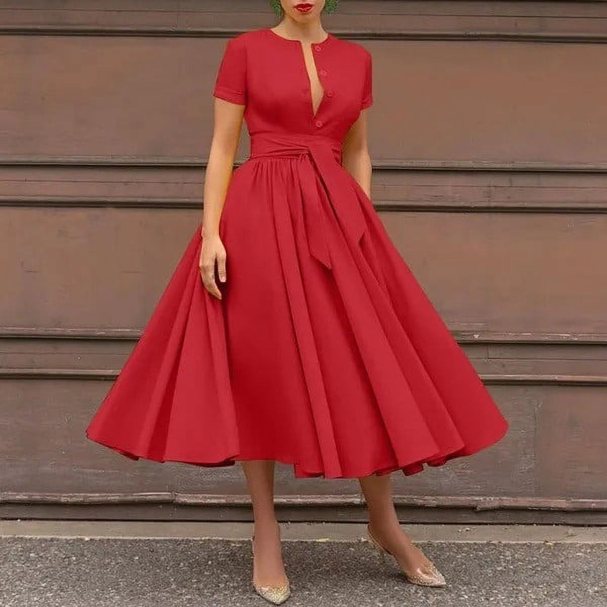 POTETI Sundresses for Women Red Party Dress Summer Crew Neck Solid ...