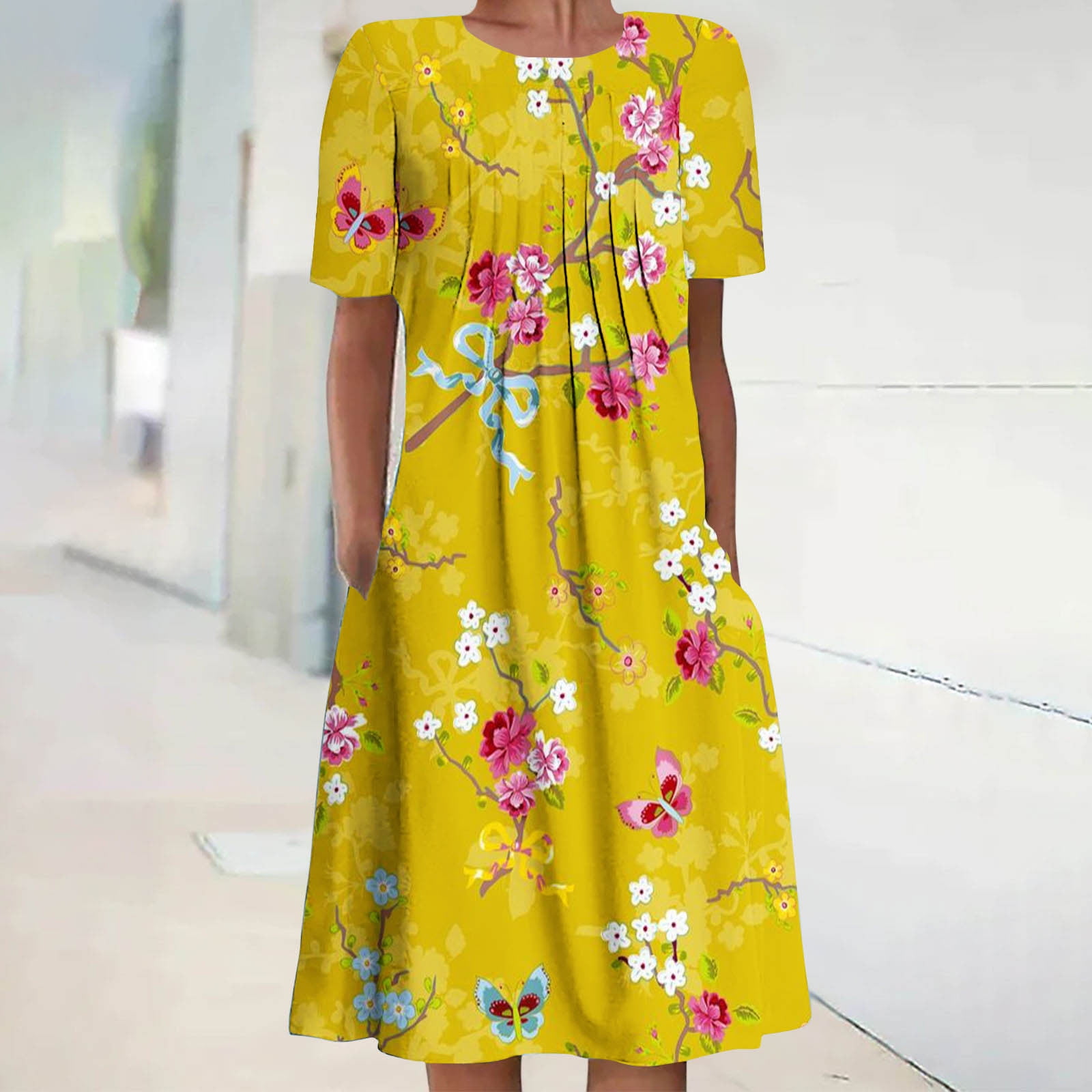 CALAFEBILA Sundresses for Women Short Sleeve Floral Knee Length Sun ...