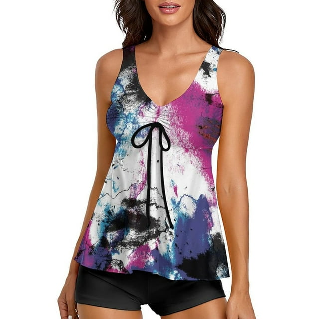 Tianek Swimsuits Women Modest Tankini 2 Piece Pleated Floral Print