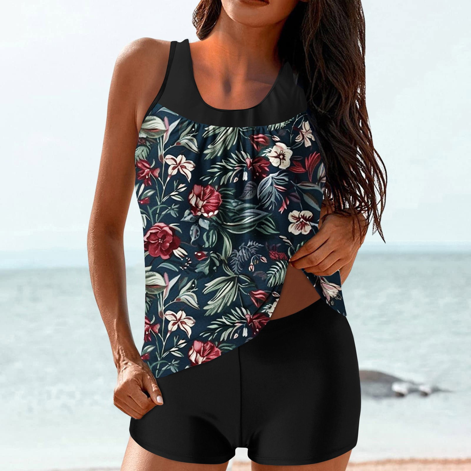 Tianek Swimwear Women Modest Tankini Beach Summer Floral Print Pleated
