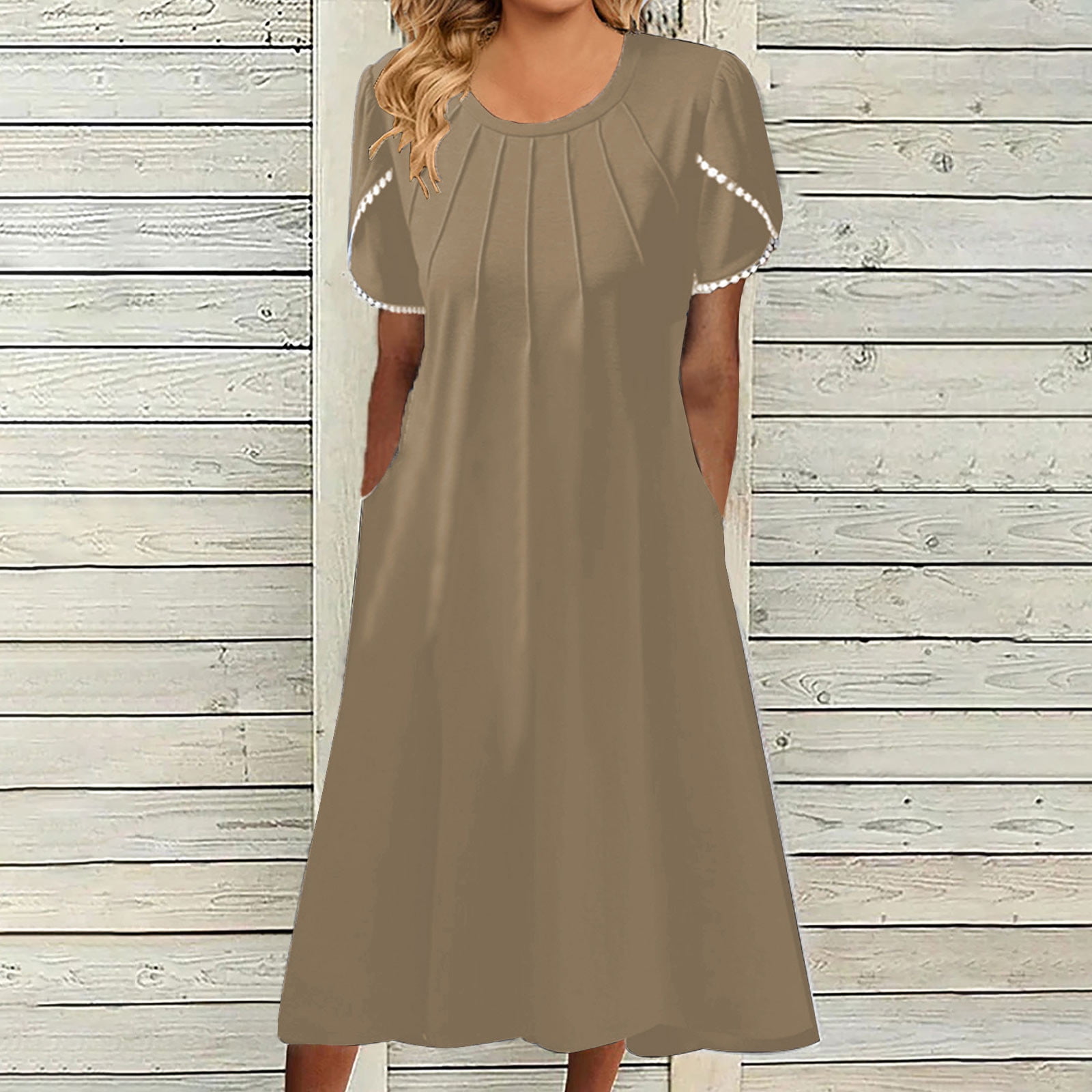 TIANEK Women Dresses Short Sleeve Solid Color Midi Sun Dress Pleated ...