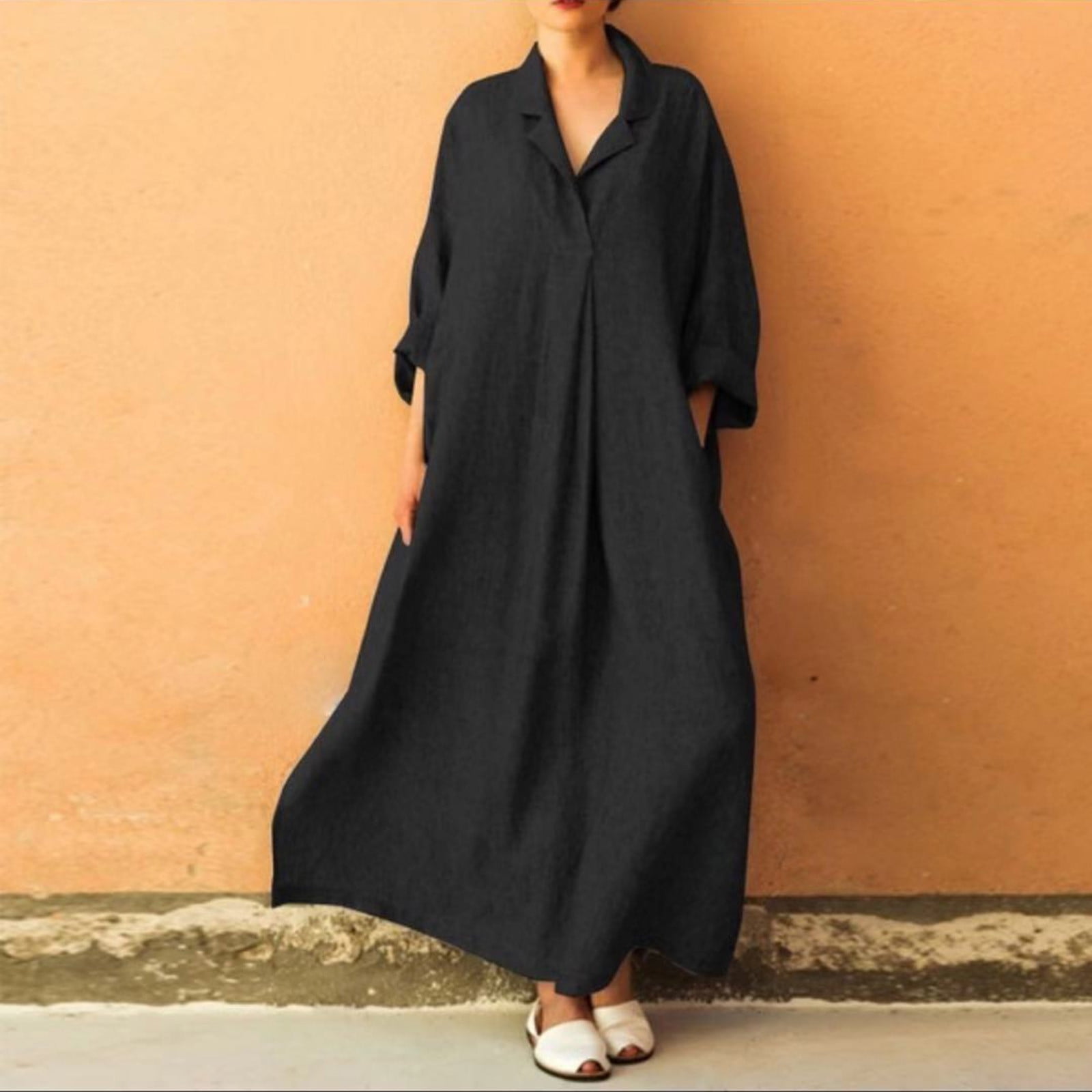 CALAFEBILA Women Dresses With Pocket Long Sleeve Lapel Solid Color Maxi ...