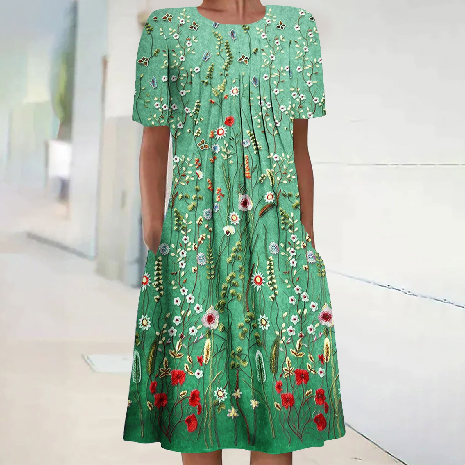 CALAFEBILA Women Dresses for Summer Short Sleeve Floral Knee Length Sun ...