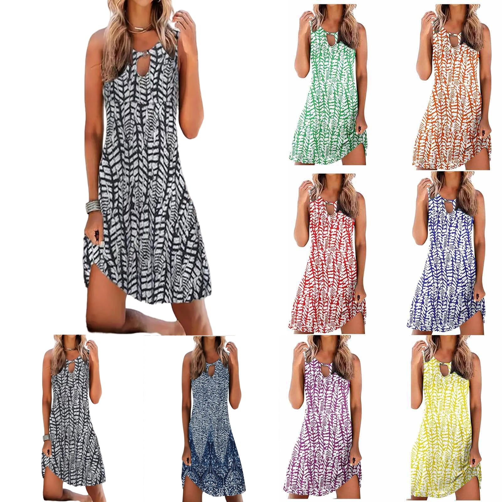 POTETI Womens Dress Black Beach Dresses Casual Crew Neck Printing ...