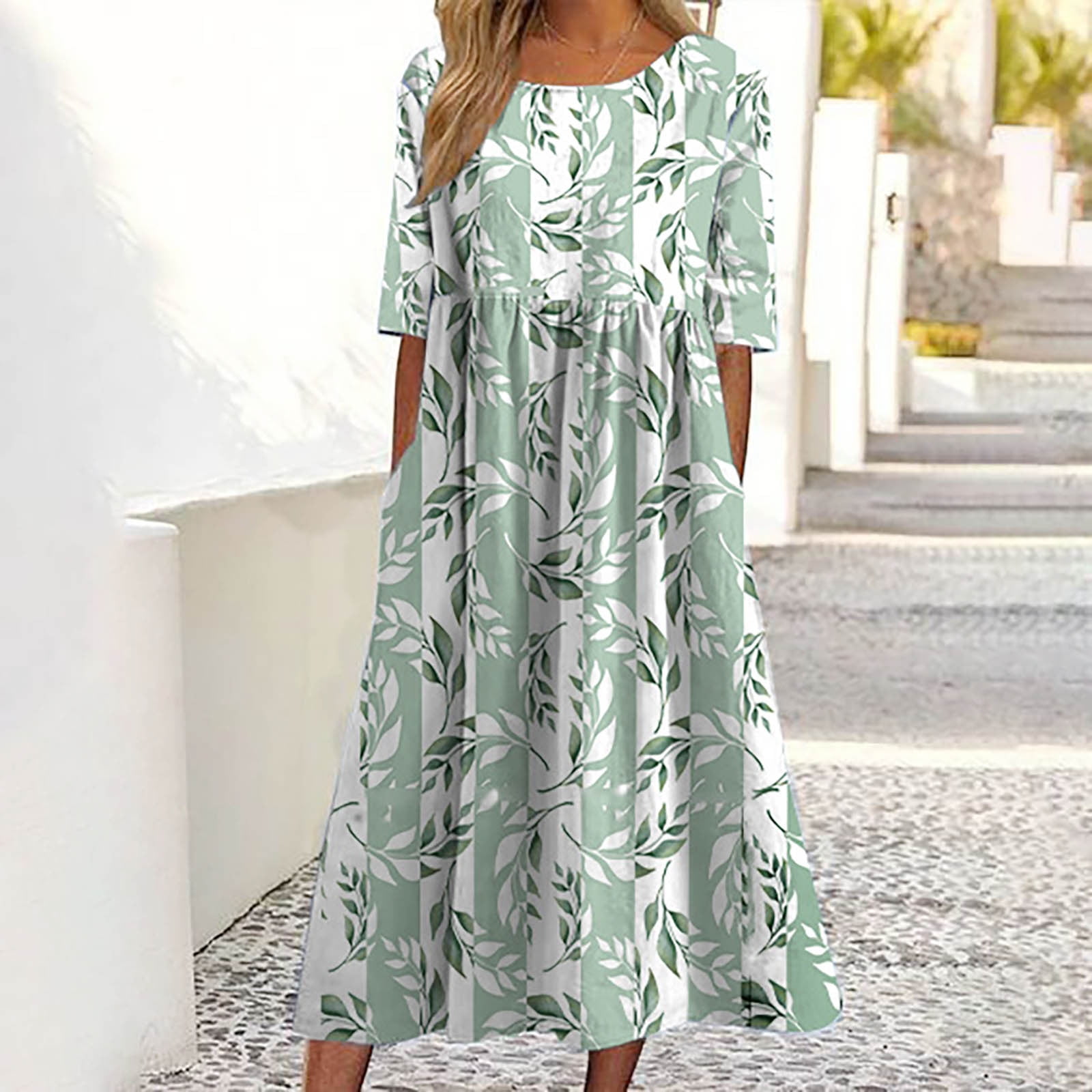 TIANEK Womens Summer Dresses Green Summer Dress Casual Crew Neck ...
