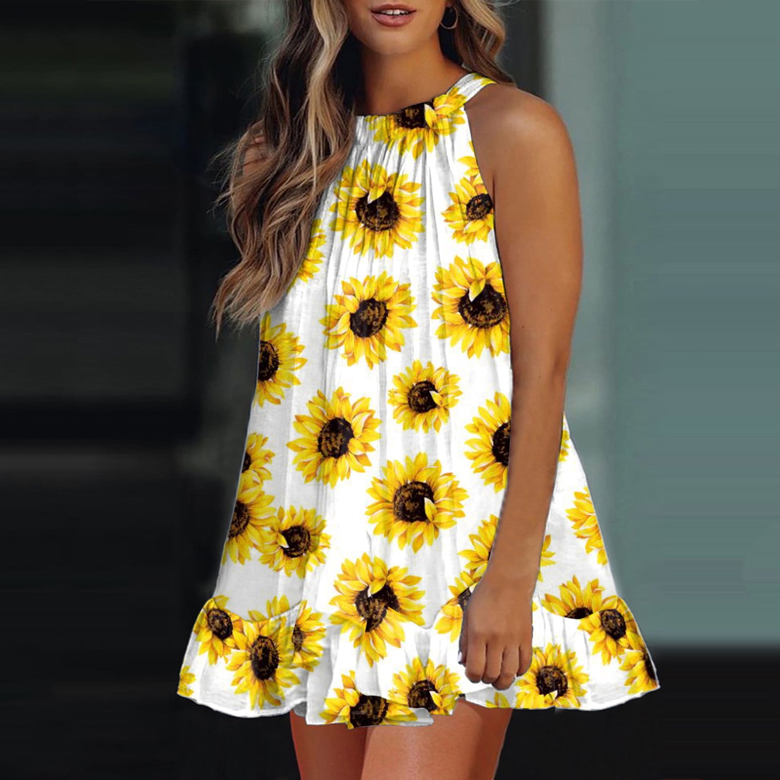 CALAFEBILA Womens Sundress Sleeveless Halterneck Tie Dye Mini Sun Dress ...