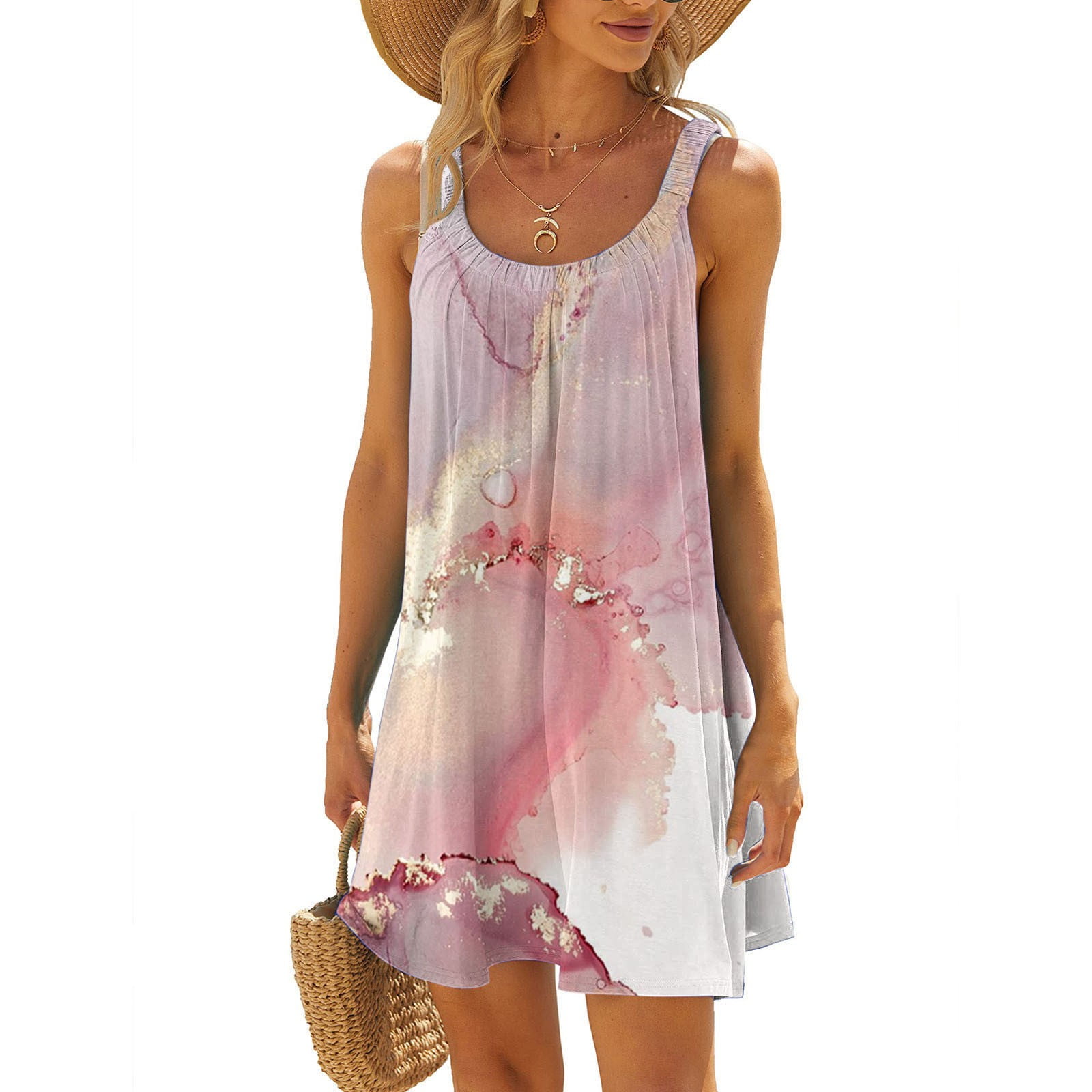 TIANEK Womens Sundresses Short Sleeve Tie Dye Mini Sun Dress Pleated ...