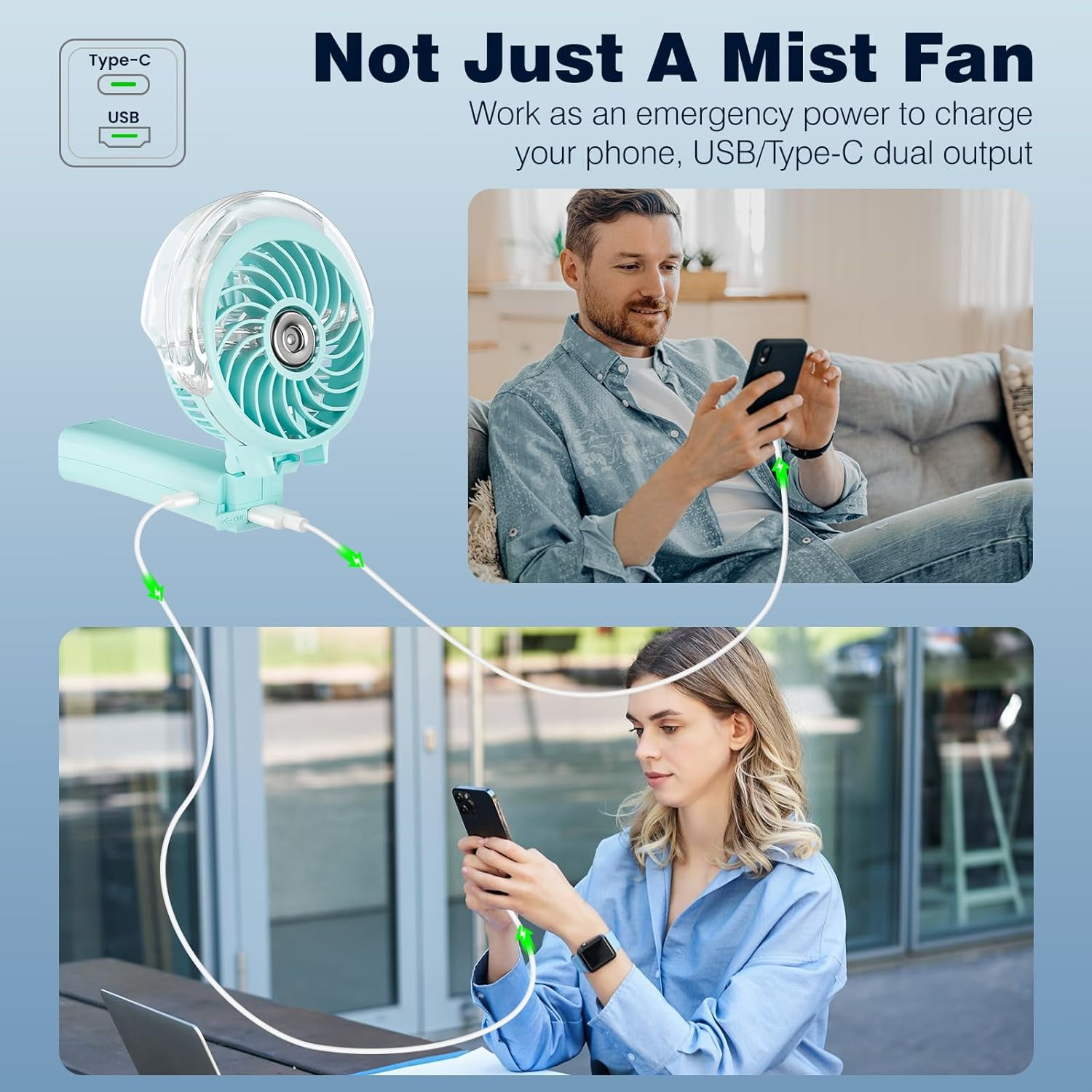 TIANMZC-4000mAh Handheld Misting Fan, 50ml Water Tank, Rechargeable ...