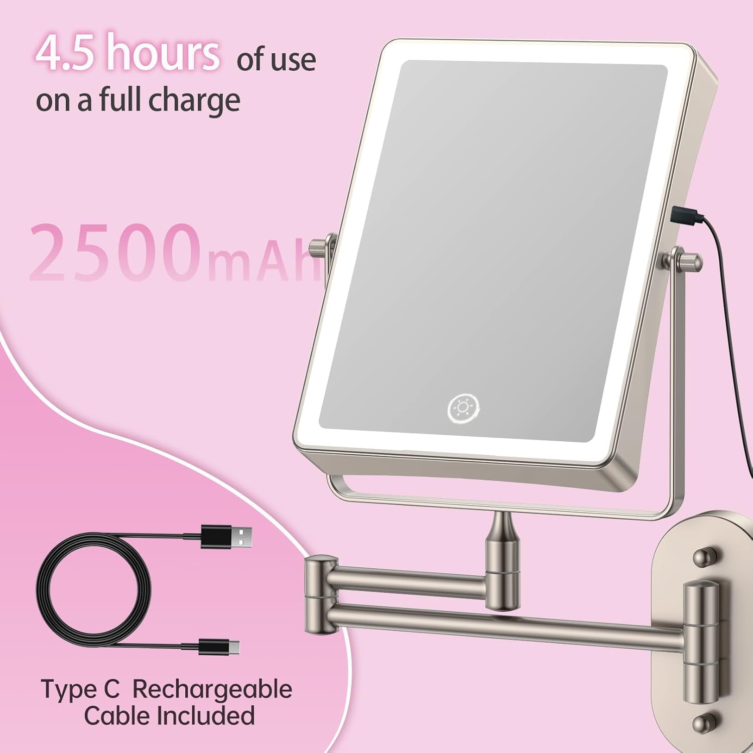 TIANMZC-Rechargeable Wall Mounted Makeup Mirror, Bathroom Mirror ...