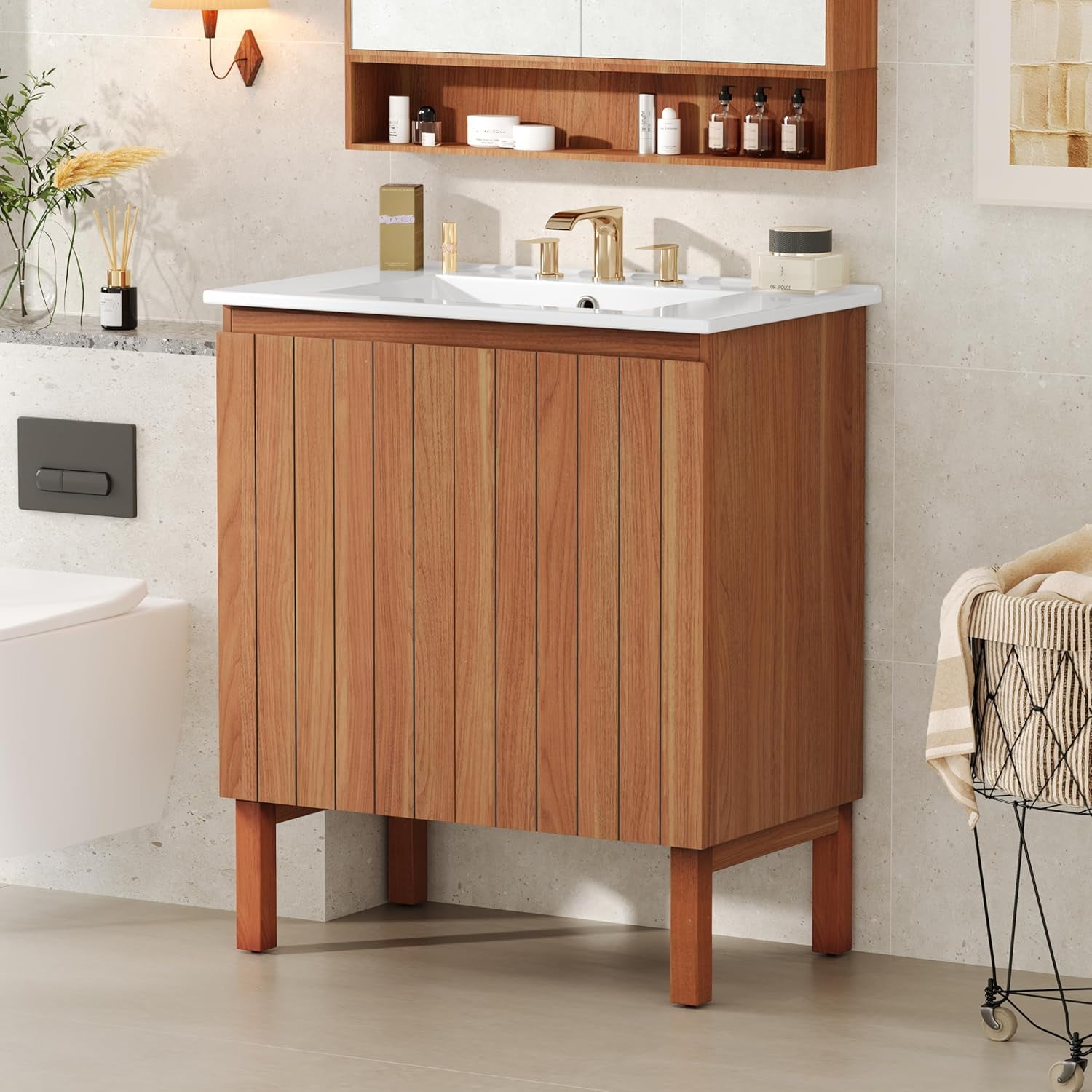 TIANTAI 30" Rattan Bathroom Vanity with Ceramic Sink,Free-Standing Bathroom Vanity with 2 Doors ...