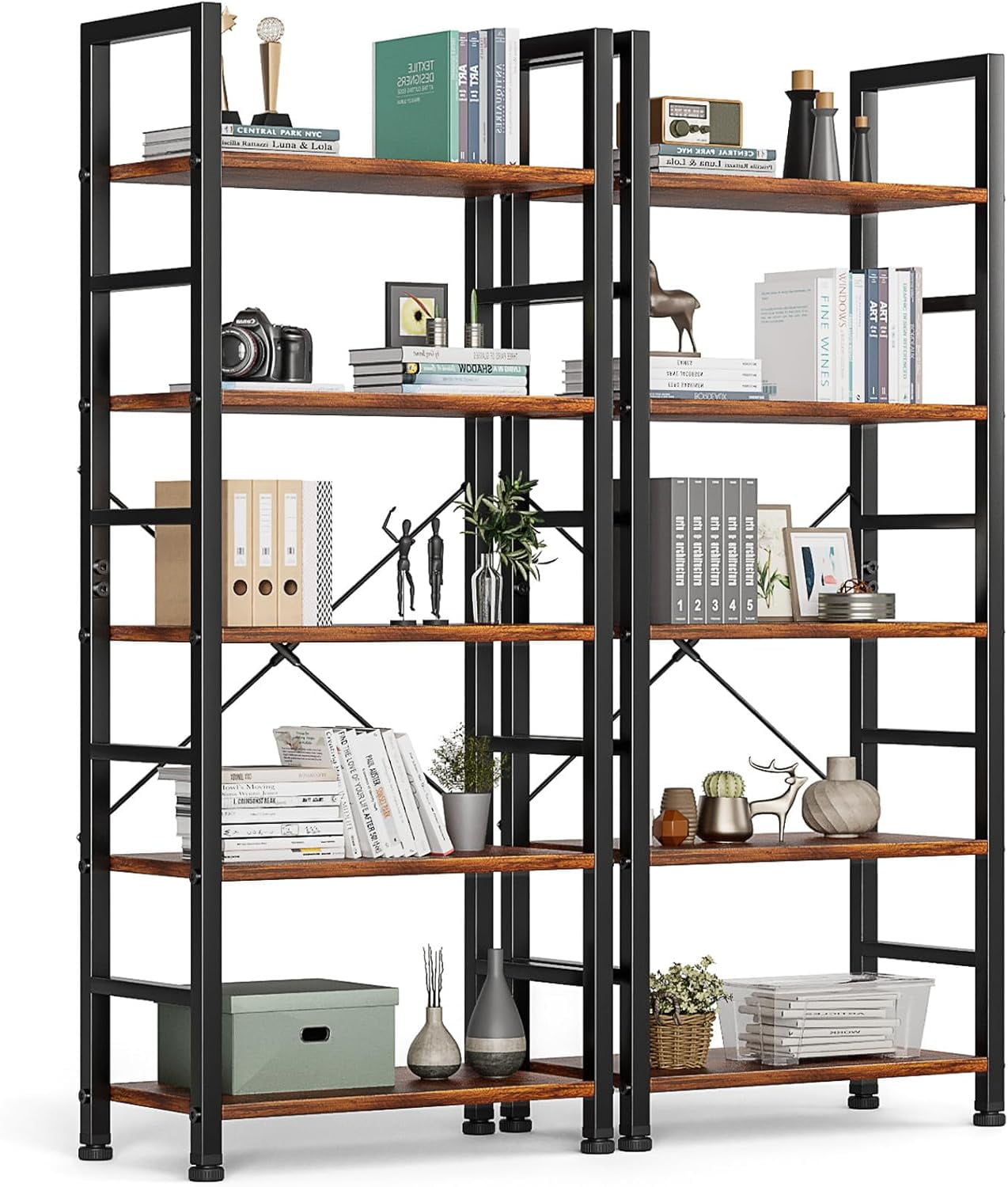 TIANTAI 5-Tier Book Shelf Tall Modern Bookcase Set of 2 for Books, CDs ...