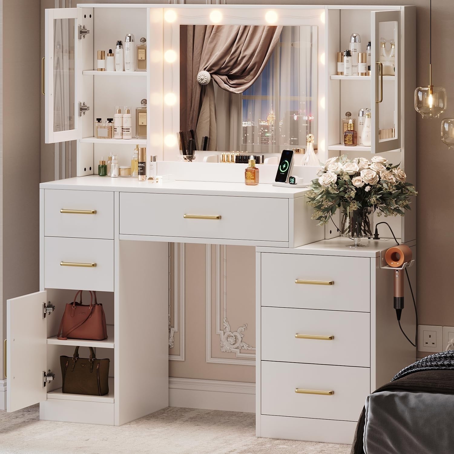 TIANTAI 51" Vanity Desk with Mirror and Lights & Charging Station ...