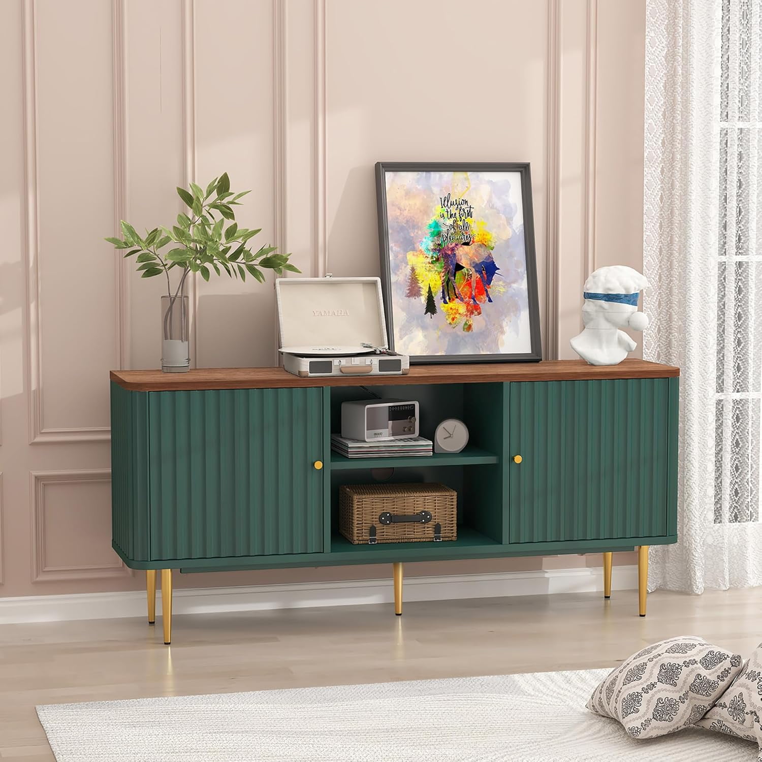 TIANTAI 55\u201d Fluted TV Stand Mid Century Modern Green TV Stand for 55/60/65 inch TV ...