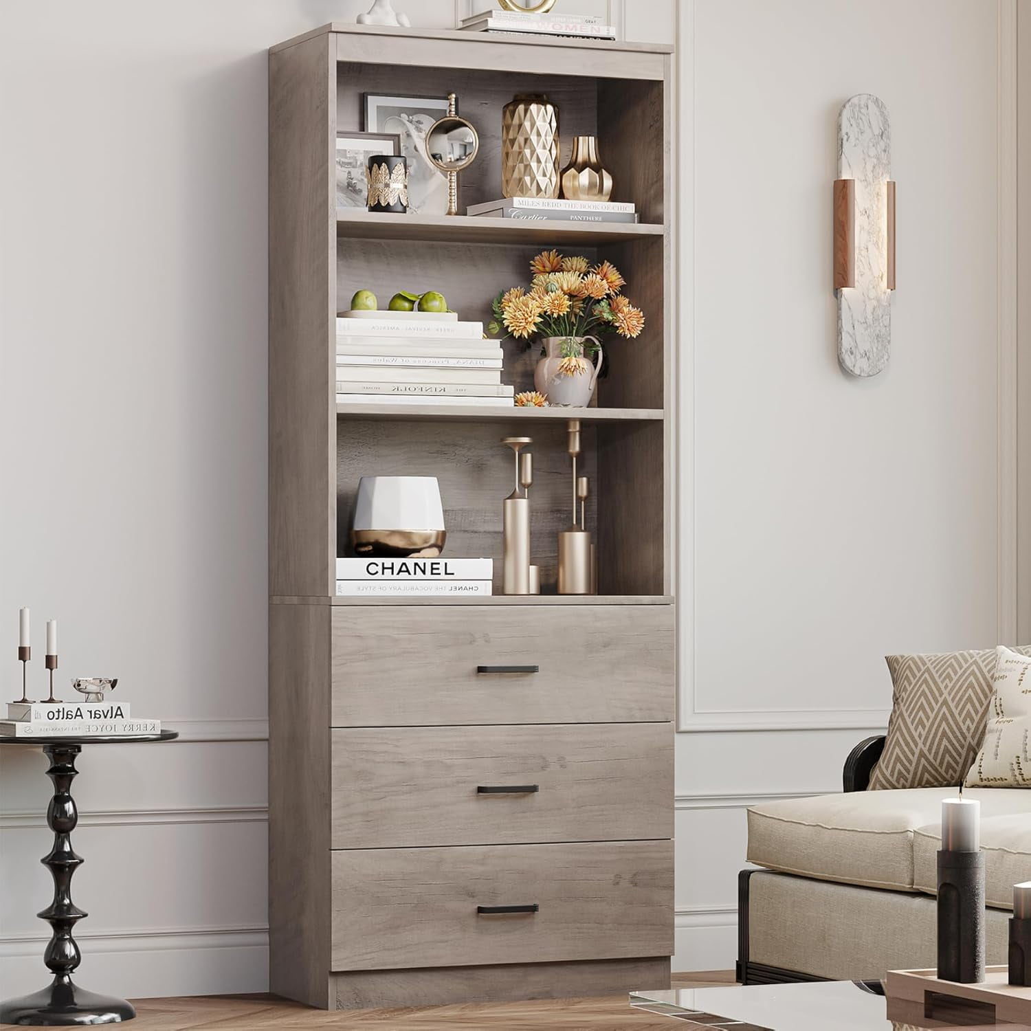 TIANTAI 71\u201dH Grey Bookshelf with Drawers, Bookshelf and Bookcase ...