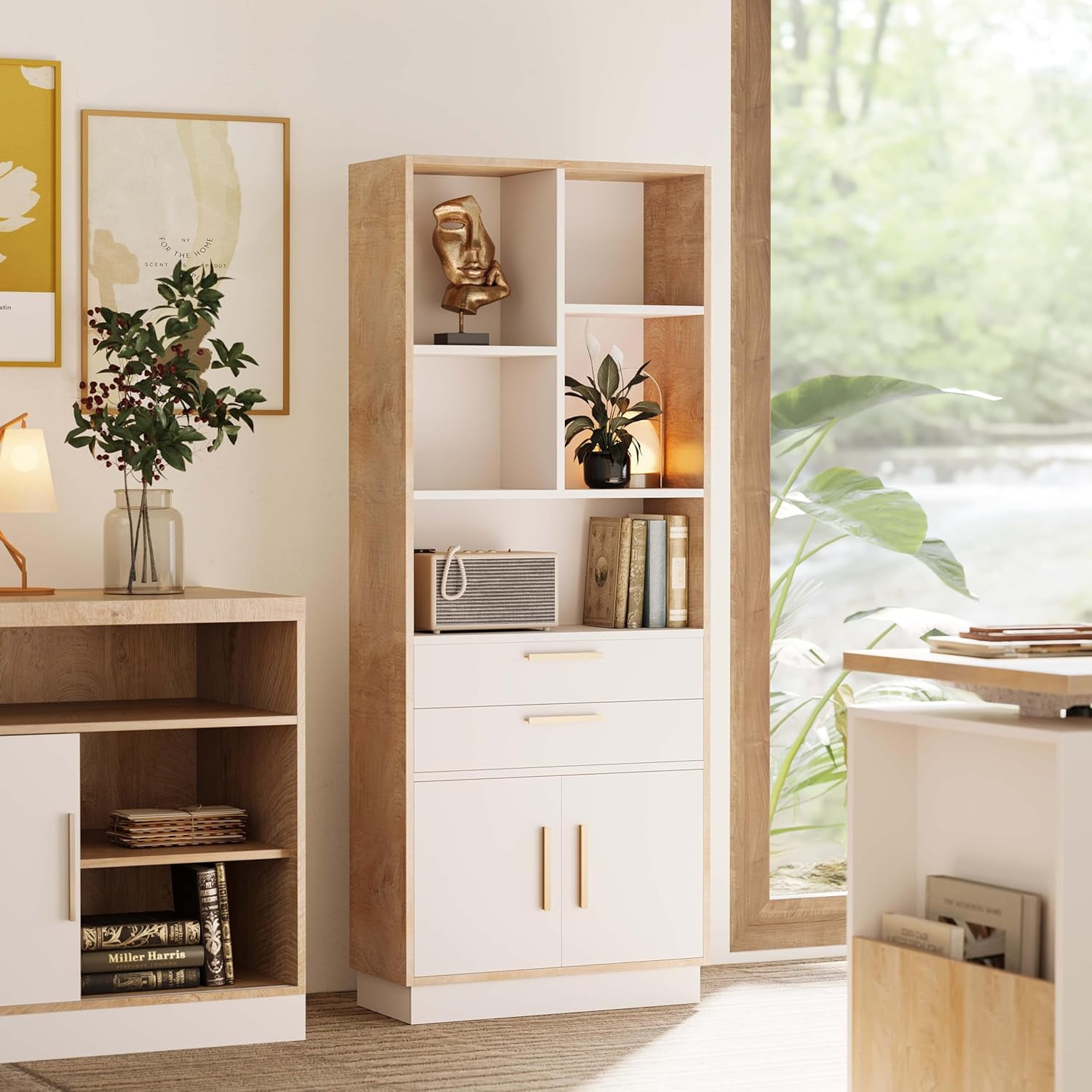 TIANTAI Book Shelf with Storage, Tall Bookshelf with 2 Drawers and ...