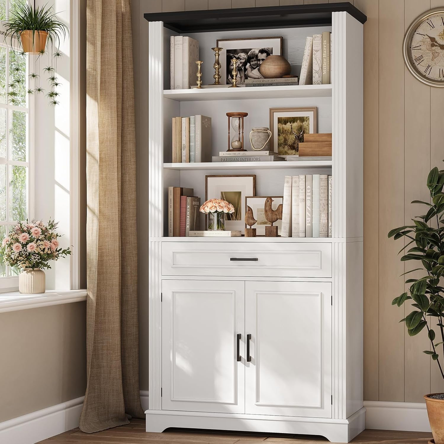 TIANTAI Farmhouse Bookshelves and Bookcases with Doors and Drawer ...