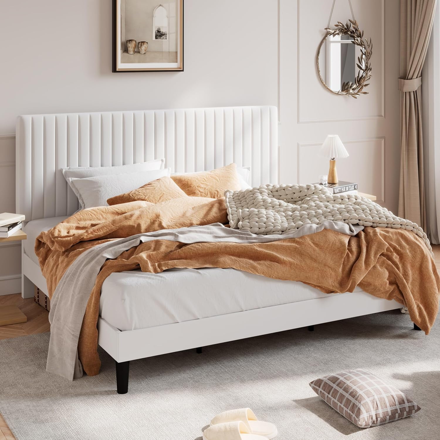 TIANTAI King Upholstered Platform Bed Frame with Vertical Channel ...