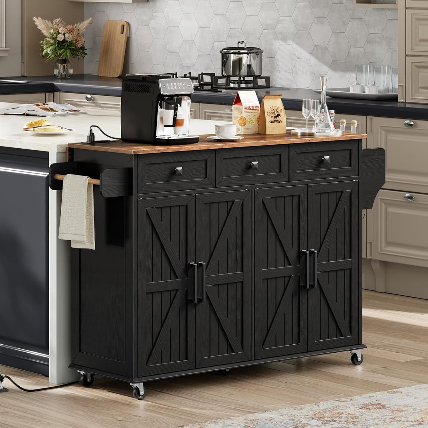 TIANTAI Kitchen Island with Drop Leaf, Kitchen Cart with Charging ...