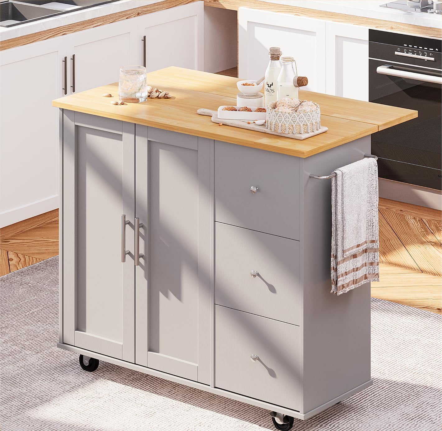 TIANTAI Kitchen Island on Wheels with Storage Cabinet & Foldable Drop ...