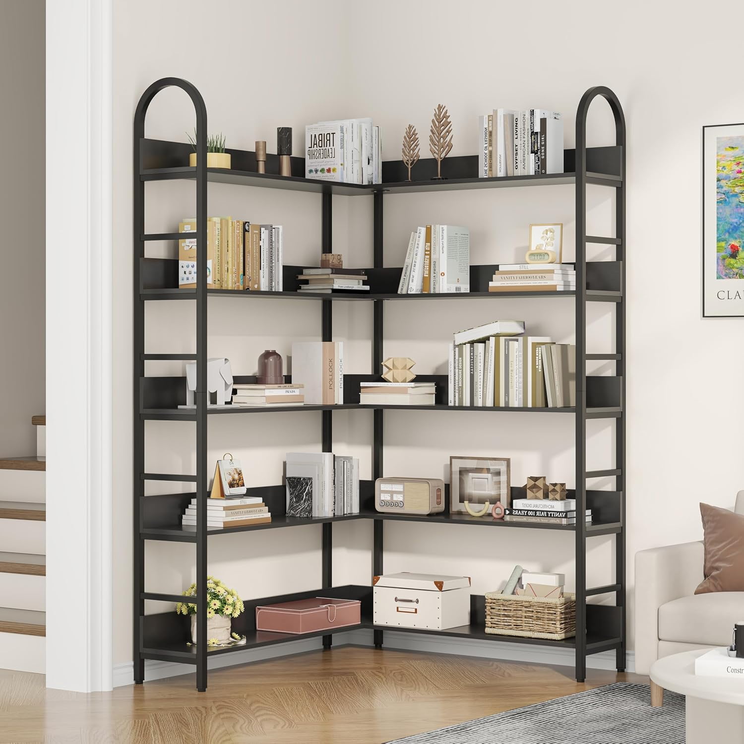 TIANTAI L Shaped Corner Bookcase and Bookshelves, 5 Shelf Tall Open ...