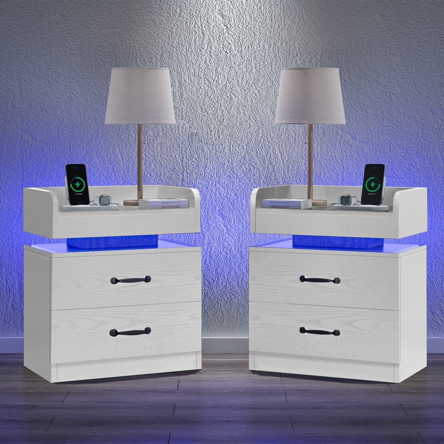 TIANTAI Led Nightstand Set of 2 with Charging Station, Night Stand with ...