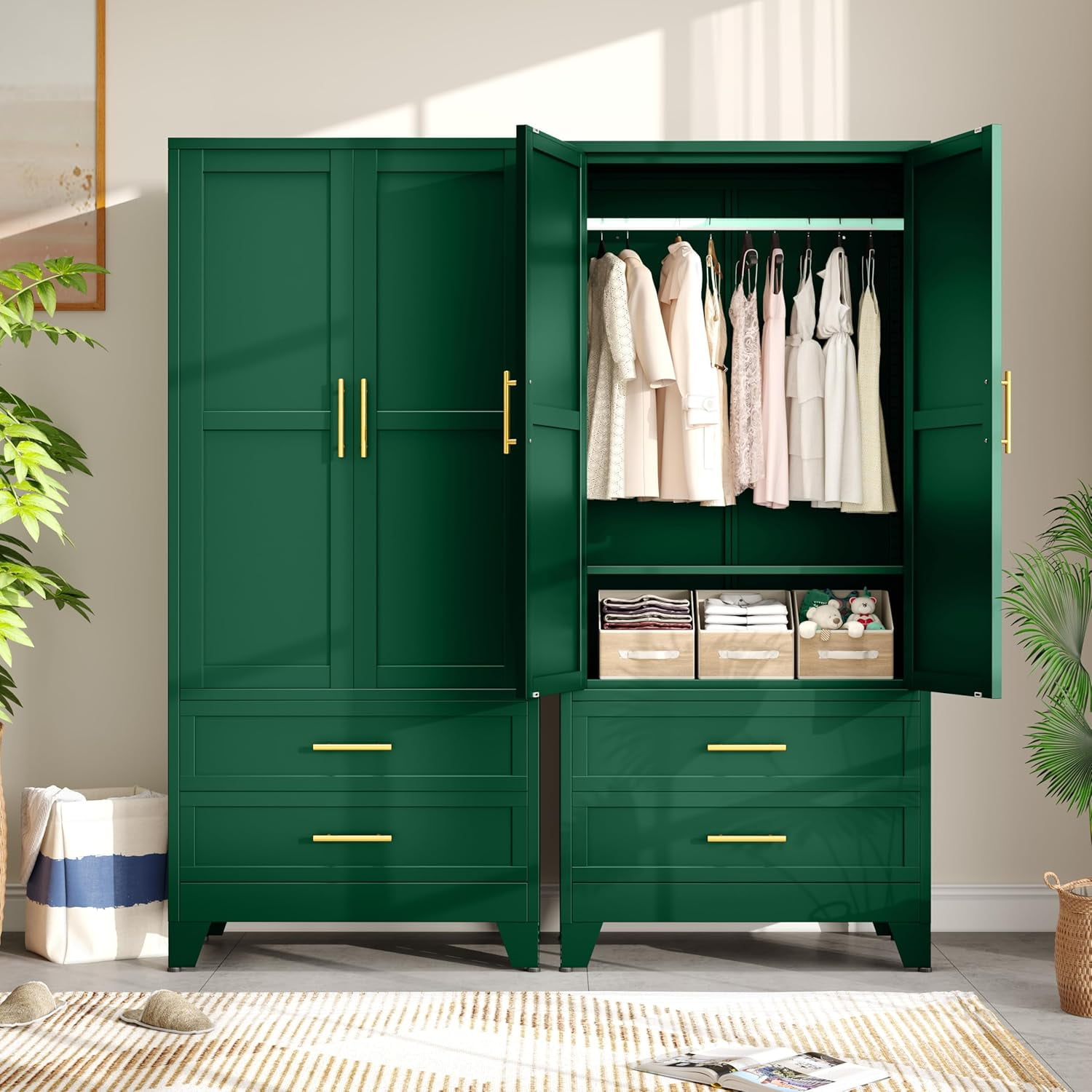 TIANTAI Metal Armoire Wardrobe Closet Storage Cabinet with Hanging Rod ...
