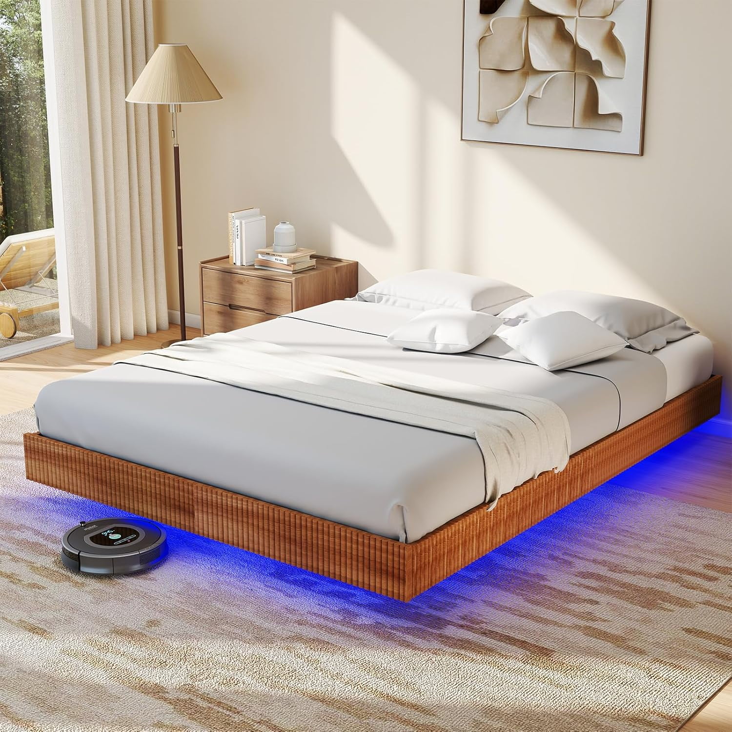 TIANTAI Natural Floating Bed Frame Queen with LED Lights,Modern Fluted ...