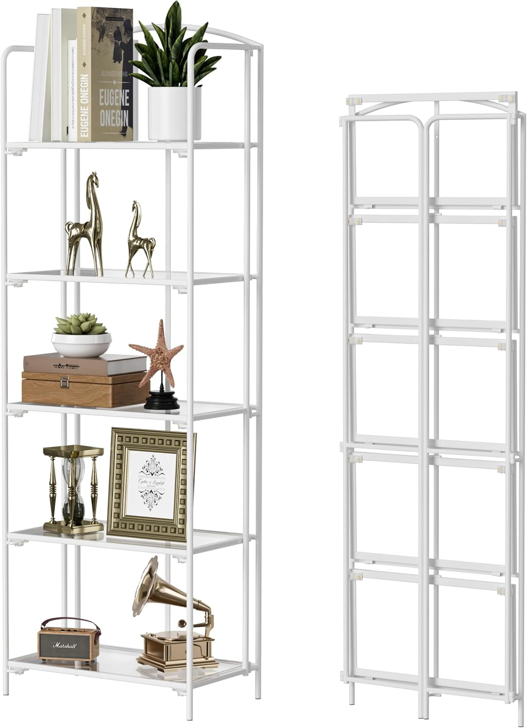 TIANTAI No Assembly Folding Bookshelf for Living Room, 5 Tier White ...