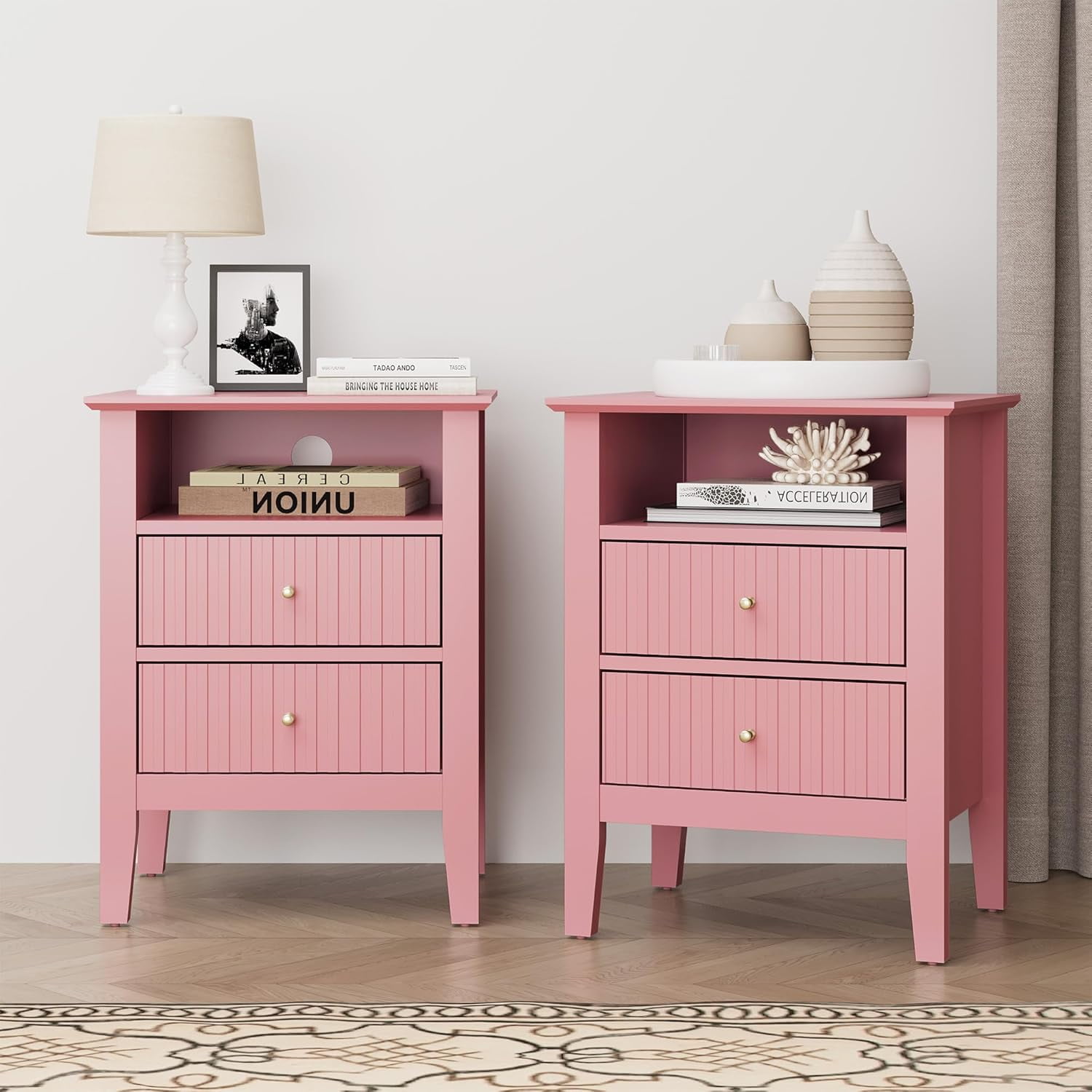 TIANTAI Pink Fluted Nightstand Set of 2, Colorful Nightstand with 2 ...