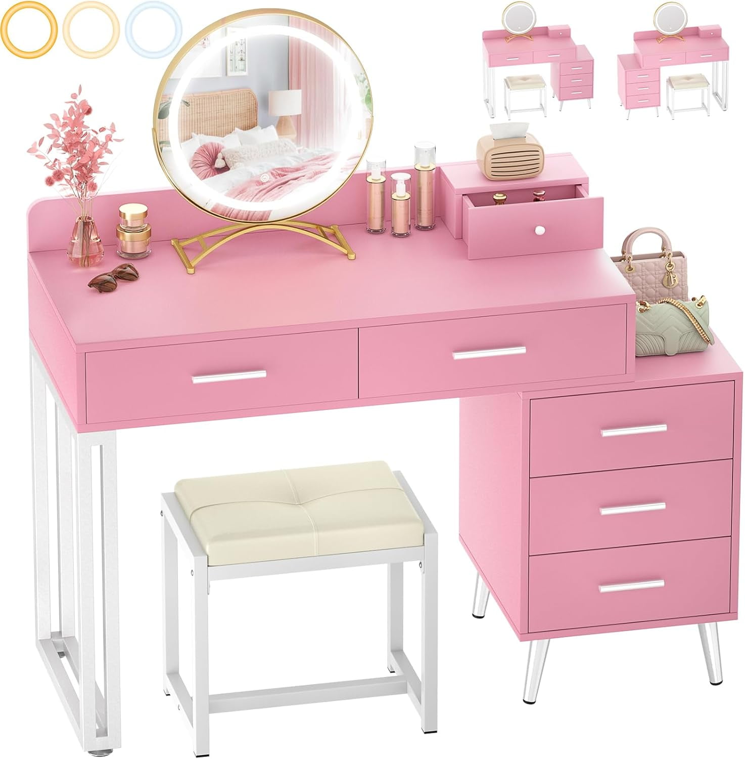 TIANTAI Pink Vanity Desk with Mirror and Lights, Modern Makeup Vanity ...